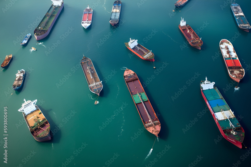 aerial perspective of a bay where colossal tanker ships, including ...