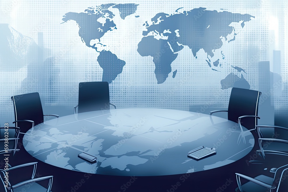 Global Conference Room with a Round Table and World Map on the Wall ...