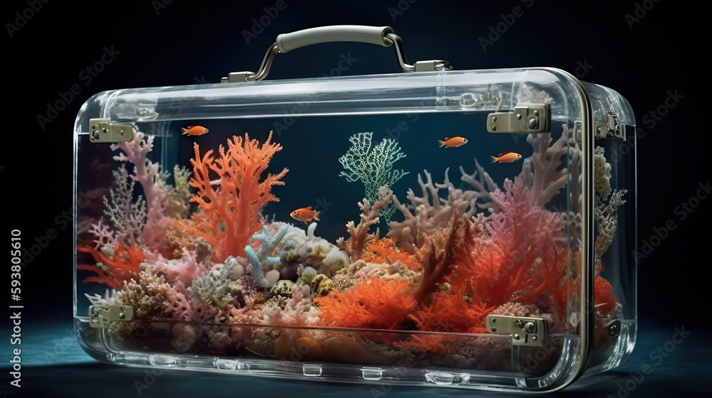 Ocean in travel suitcase, coral reef, fishes and sea creatures in ...