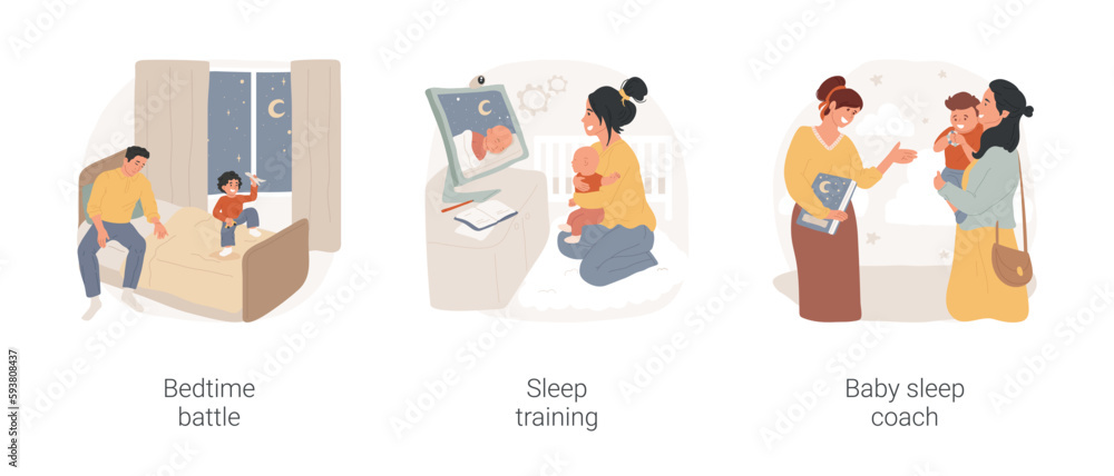 Sleep training isolated cartoon vector illustration set. Bedtime battle ...