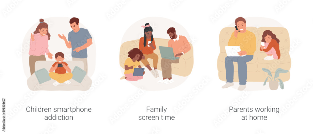 Screen addiction isolated cartoon vector illustration set. Children ...