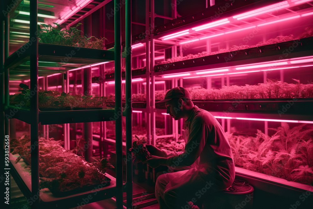 Man in uniform working with plants, herbs in vertical farm environment ...