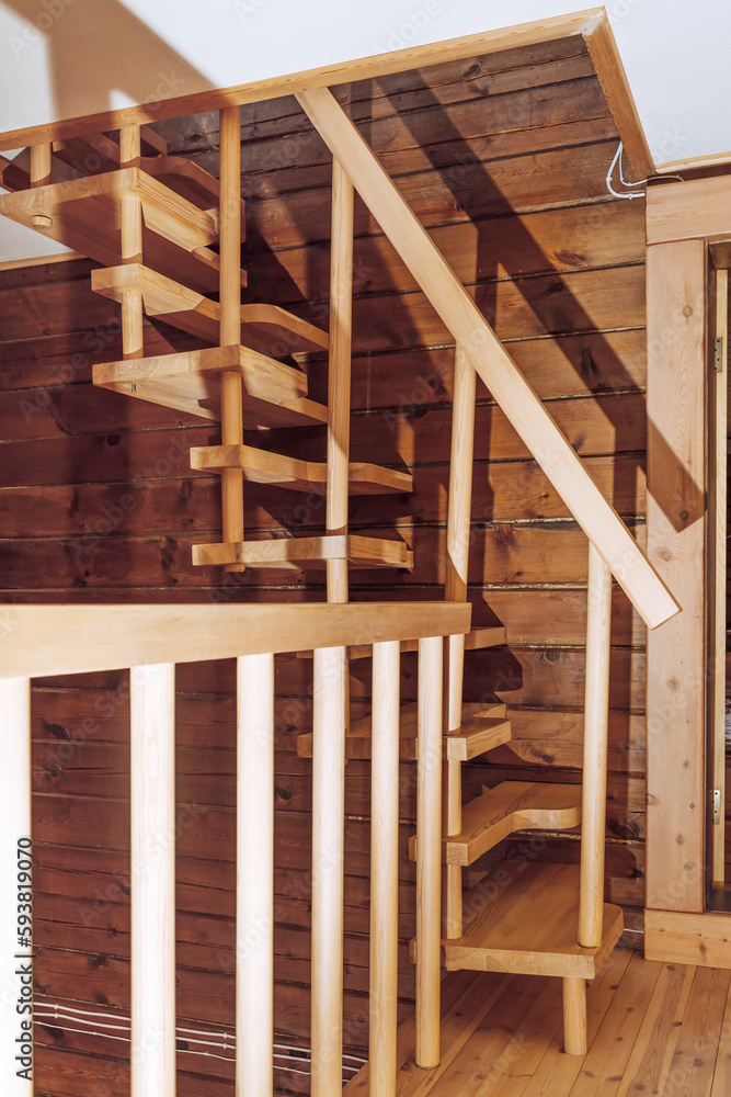 House interior with modern wooden staircase. vertical Stock Photo ...