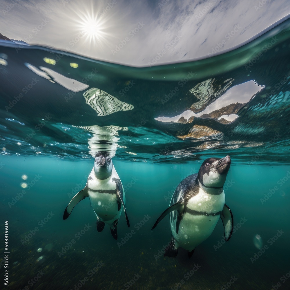 Split shot. African penguins diving in ocean over sea bottom ...