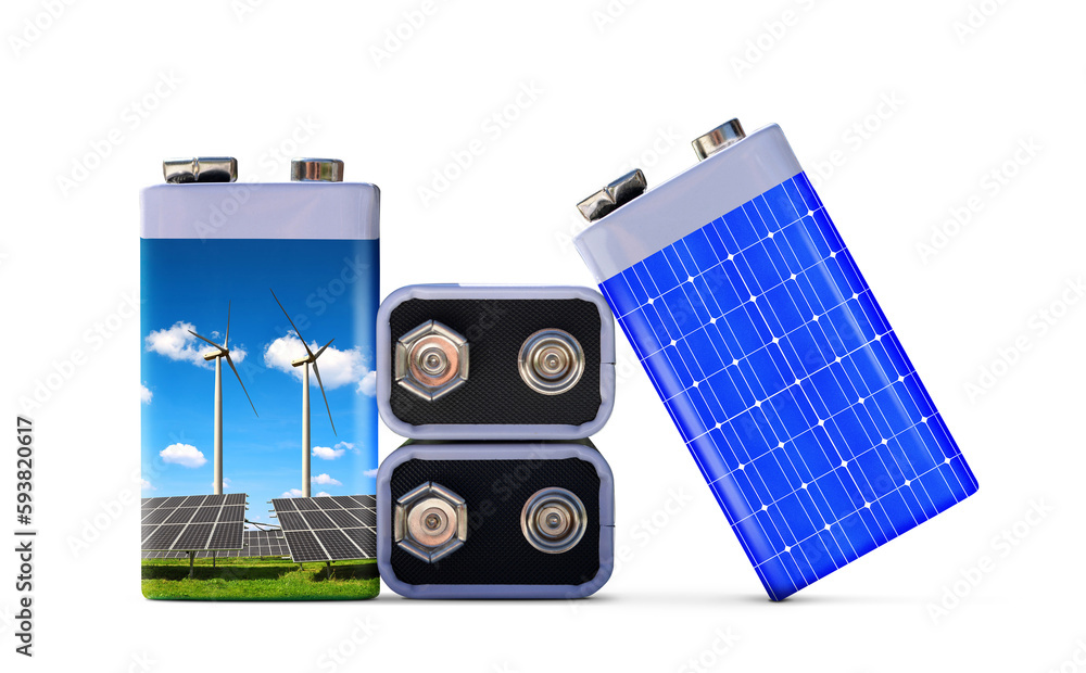 Battery with solar panels and wind turbines isolated on transparent ...