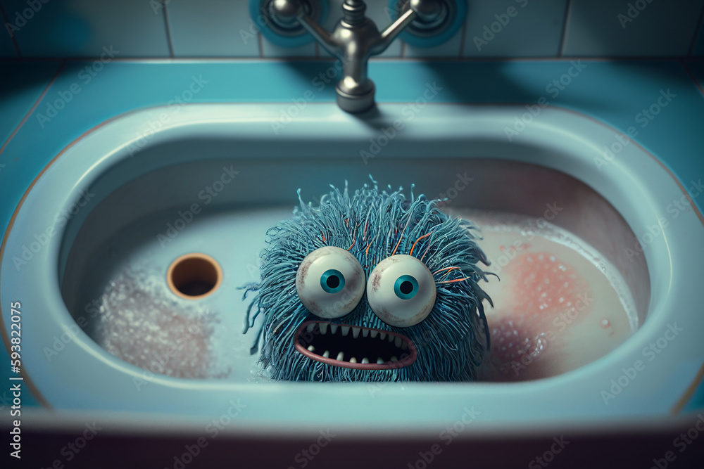 Soap scum 3d monster character in a blue bathroom sink, cleaning ...