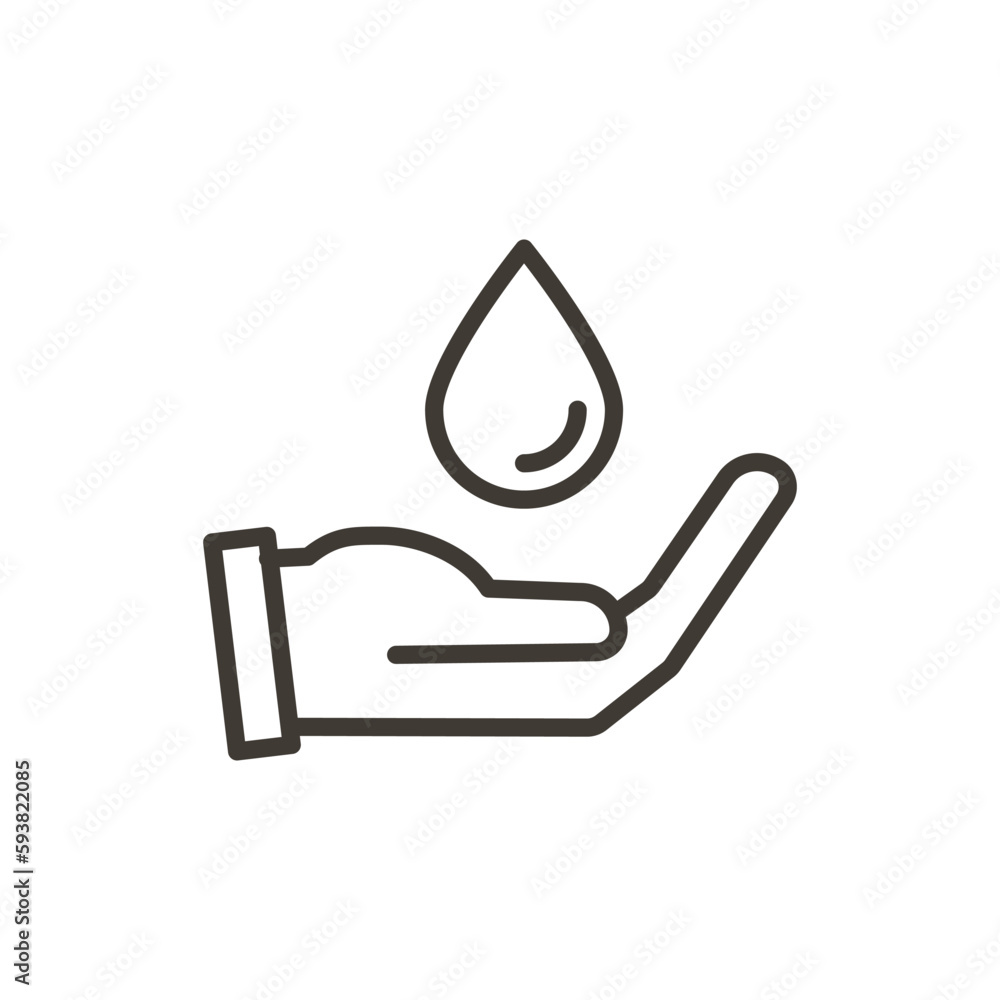 Hand with a drop of water. Vector thin line outline illustration for ...