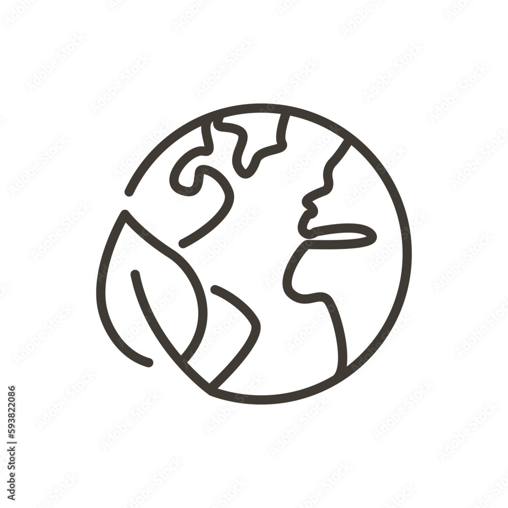 Planet earth with leaf icon. Vector thin line illustration of green ...