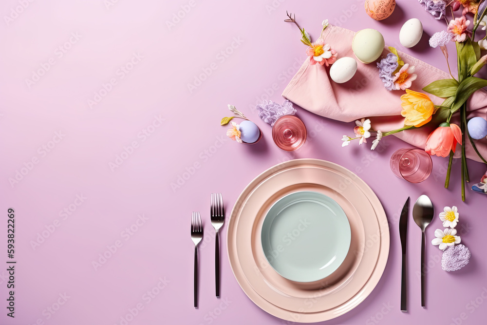 Top view photo of a festive Easter table setting with pastel-colored ...