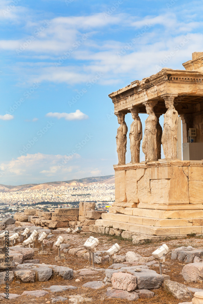 Greek ancient Athenian Acropolis. View of famous porch with caryatid ...