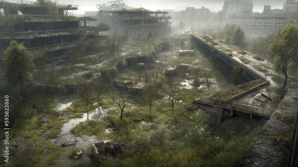 Abandoned city. Aftermath of an ecological catastrophe, with nature ...