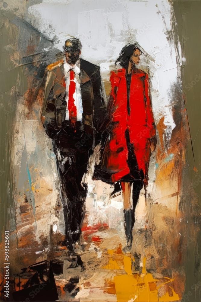 abstract soft lovers walking together two people down street red coat ...