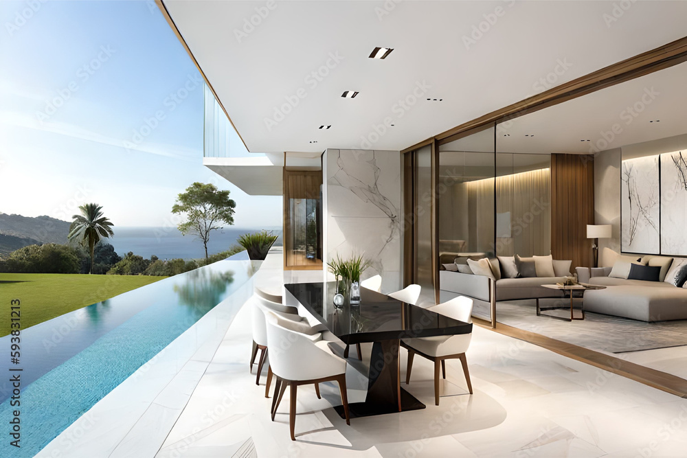 The exterior design of a house that incorporates a swimming pool using ...