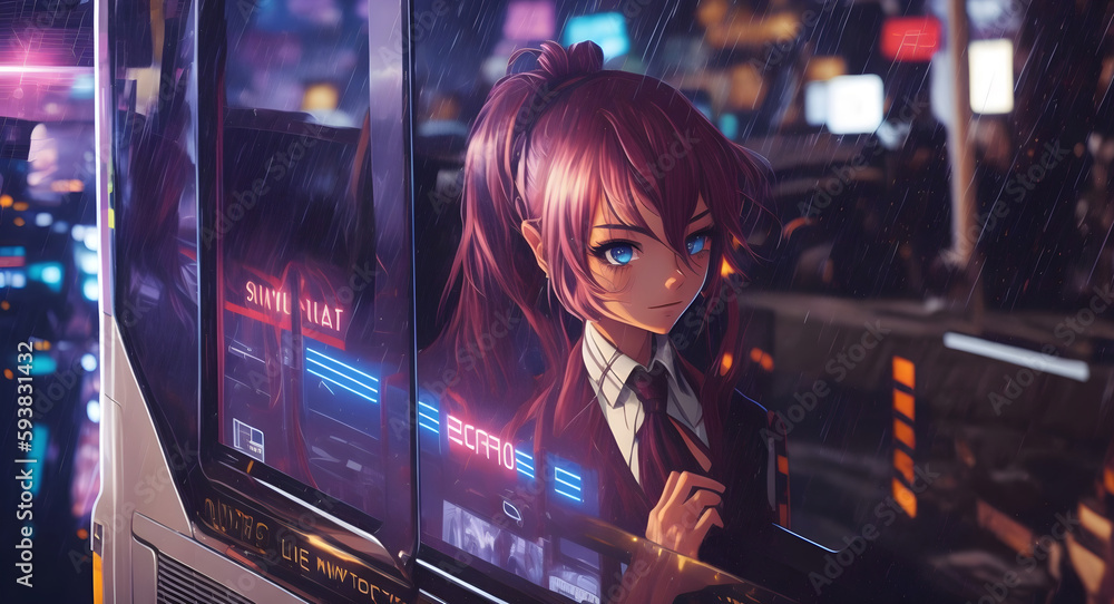 beautiful anime girl long hair travel in bus camera focus on her pretty ...