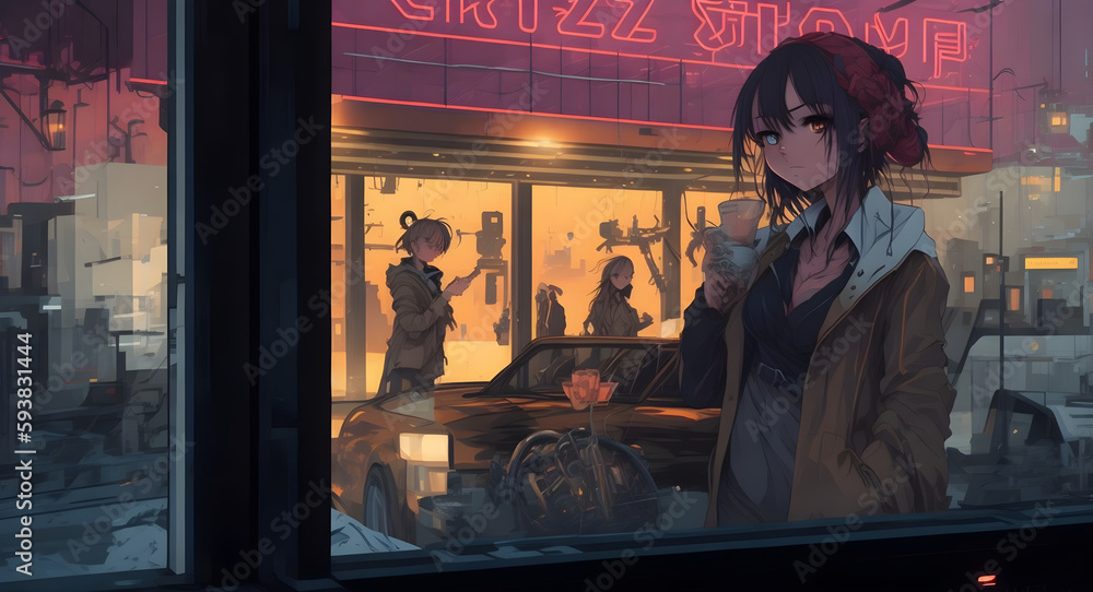 portrait of a girl in a cafe, beautiful anime girl stand outside of ...