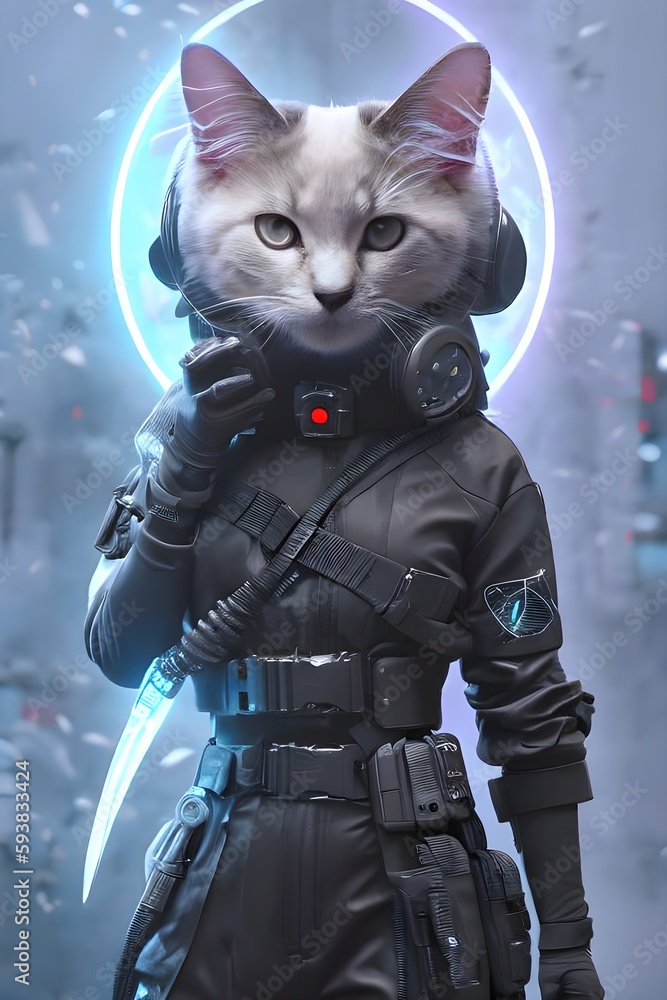 Portrait of a cat soldier in a futuristic military suit with a claw ...