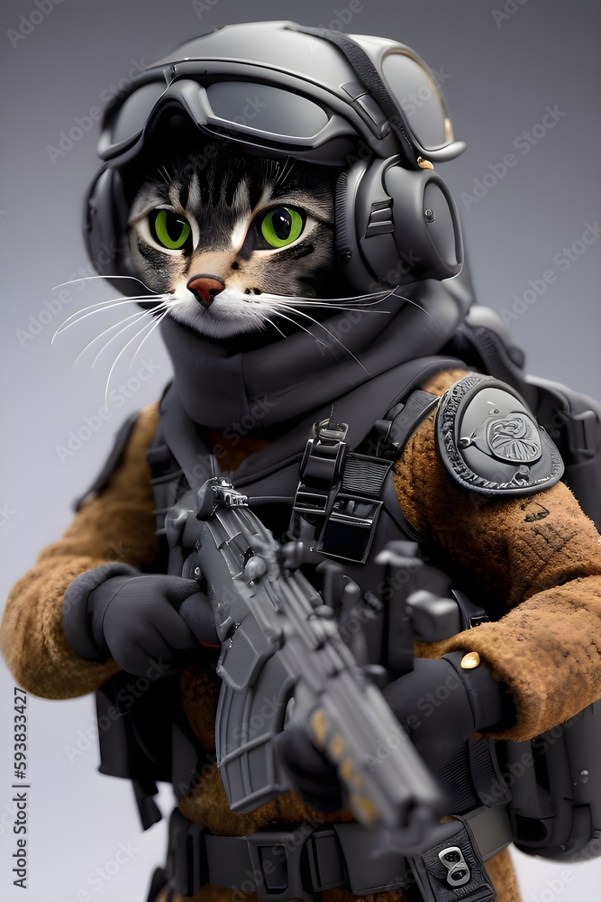 Portrait of a cat soldier with a rifle in a modern military suit with a ...
