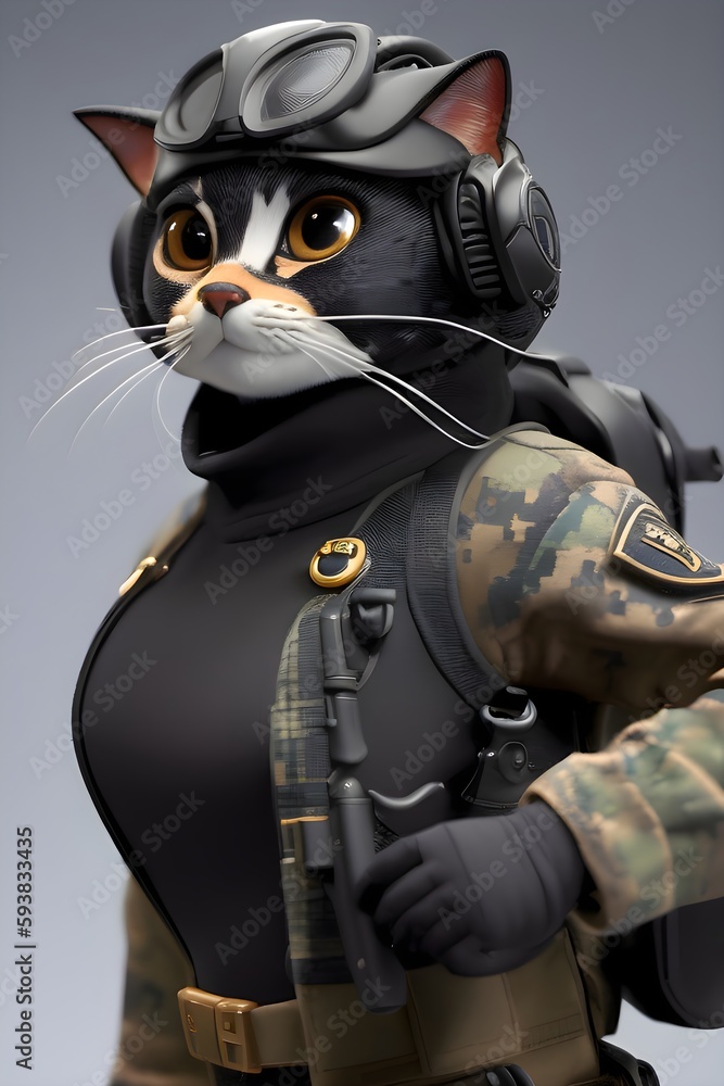 Portrait of a cat soldier in a modern military suit with a helmet ...