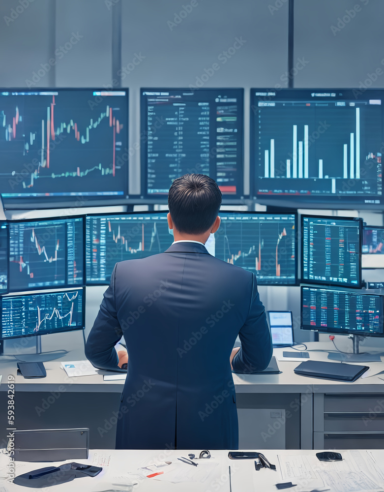 Rear view of businessmen surrounded with monitors analyzing the stock ...