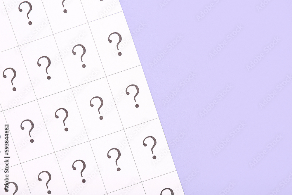 Paper with question marks on lilac background, closeup Stock Photo ...
