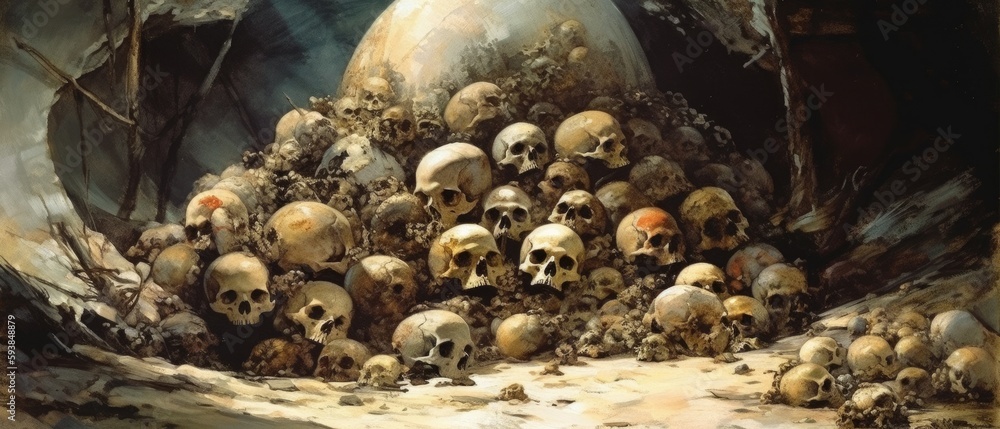 Pile of crushed human skulls and bones in a dark room, macabre dungeon ...