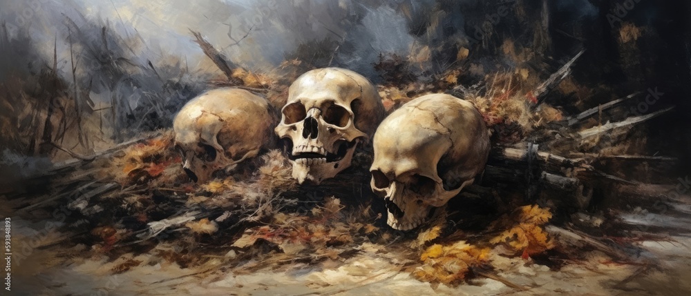 Pile of crushed human skulls and bones in a dark room, macabre dungeon ...