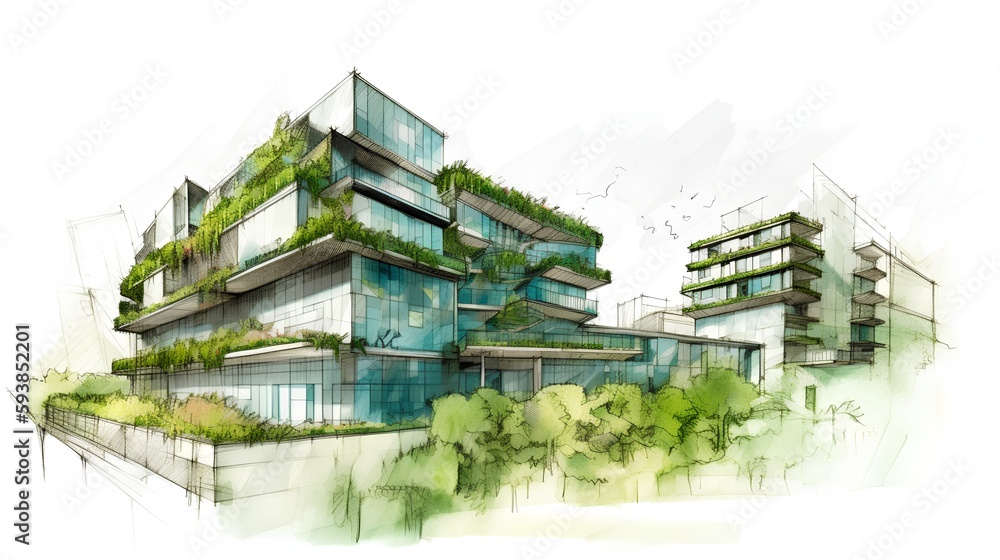 Sketch of a sustainable residential complex with green roofs, vertical ...