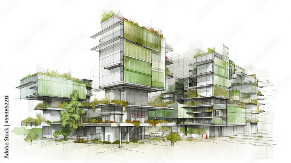 Sketch of a sustainable residential complex with green roofs, vertical ...