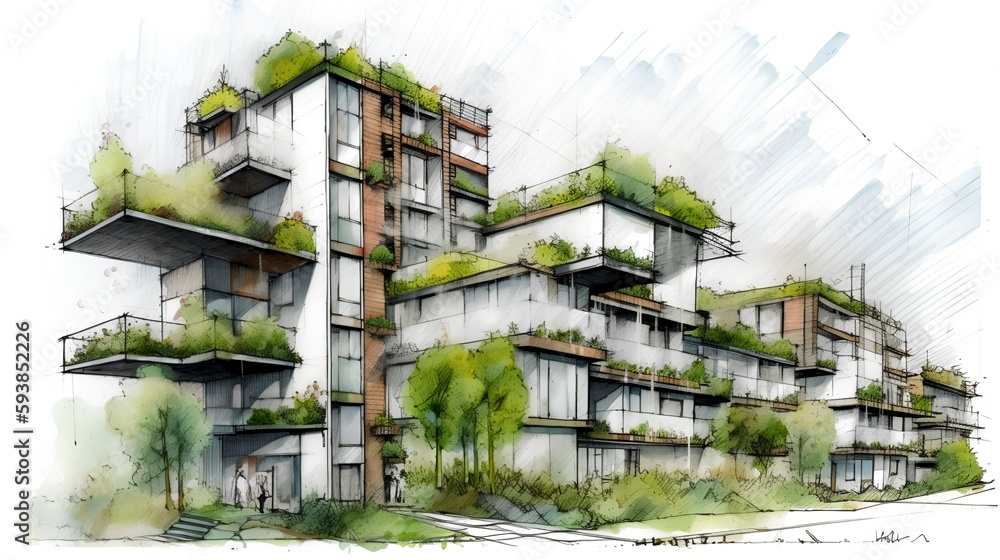Sketch of a sustainable residential complex with green roofs, vertical ...