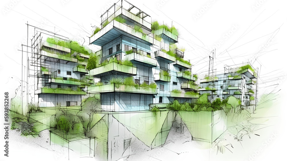 Sketch of a sustainable residential complex with green roofs, vertical ...