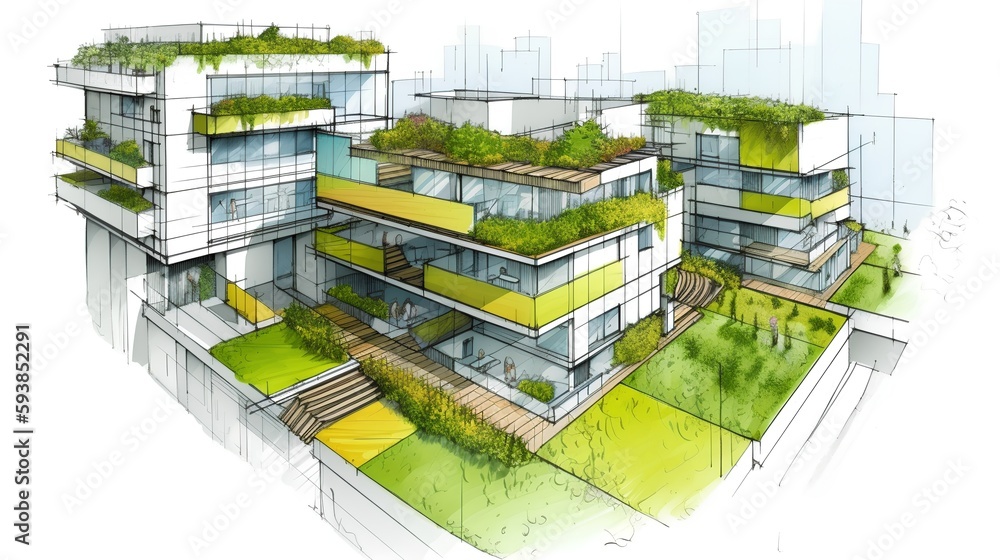 Sketch of a sustainable residential complex with green roofs, vertical ...
