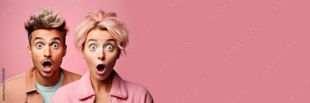 Shocked funny couple standing with unbelievable face and looking at ...