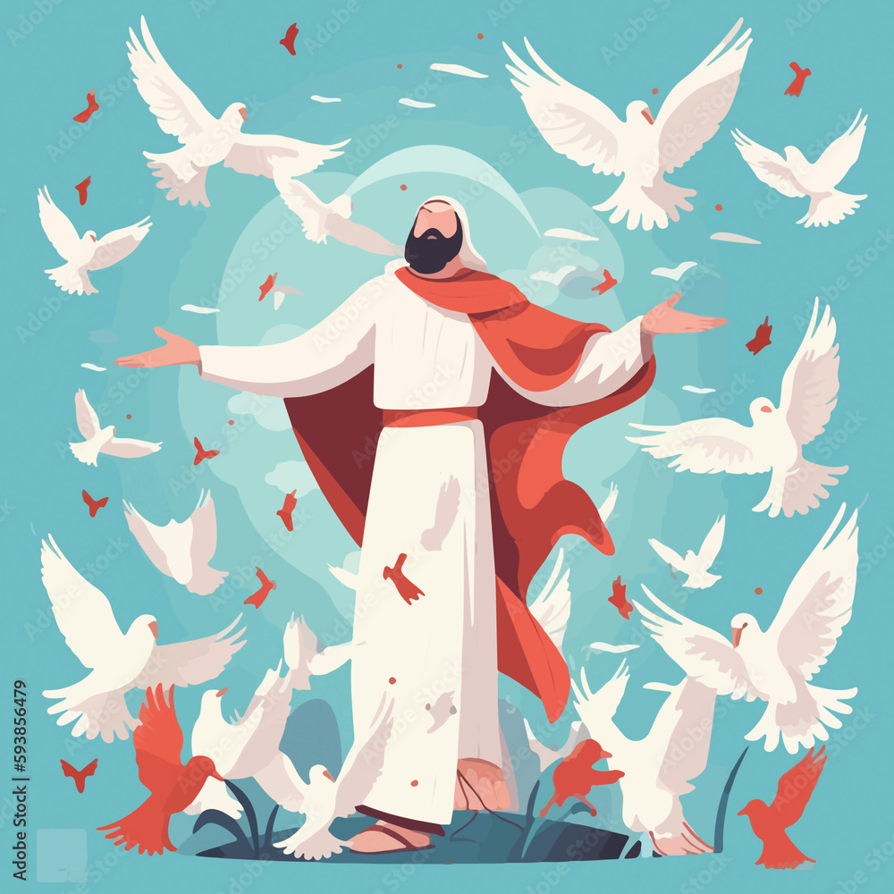 jesus stands out in the sky with doves flying in the air, in the style ...