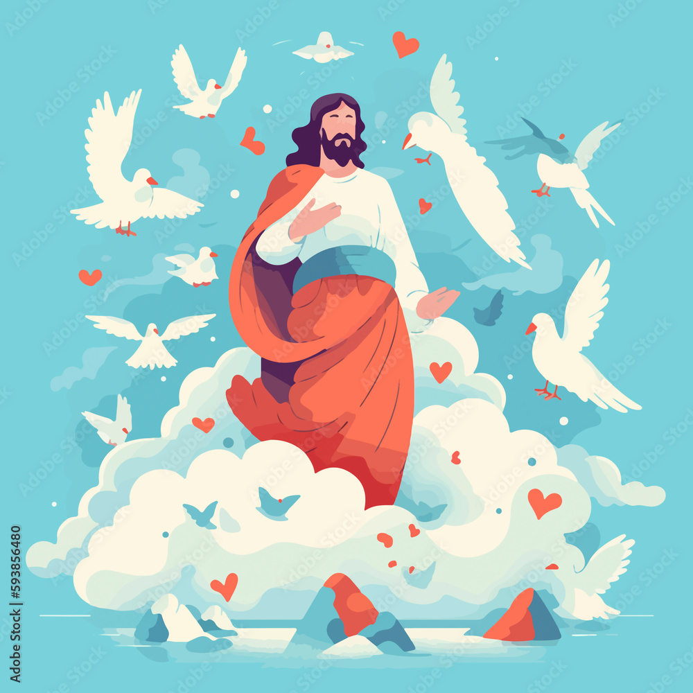 jesus stands out in the sky with doves flying in the air, in the style ...