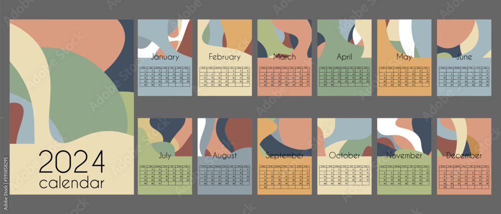 Abstract calendar 2024 with trendy muted colors spots. Cover and 12 ...