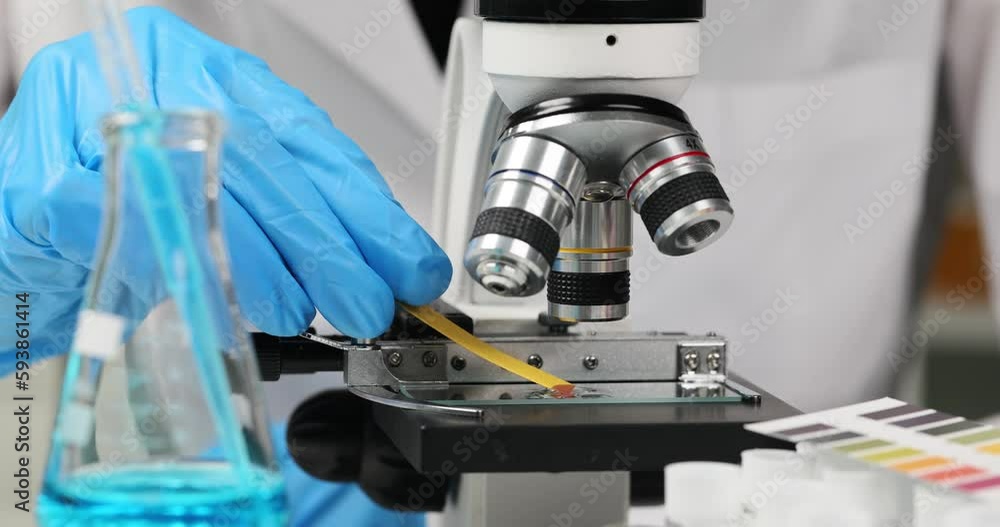 Scientist dips pH test strip into toxic liquid under microscope ...