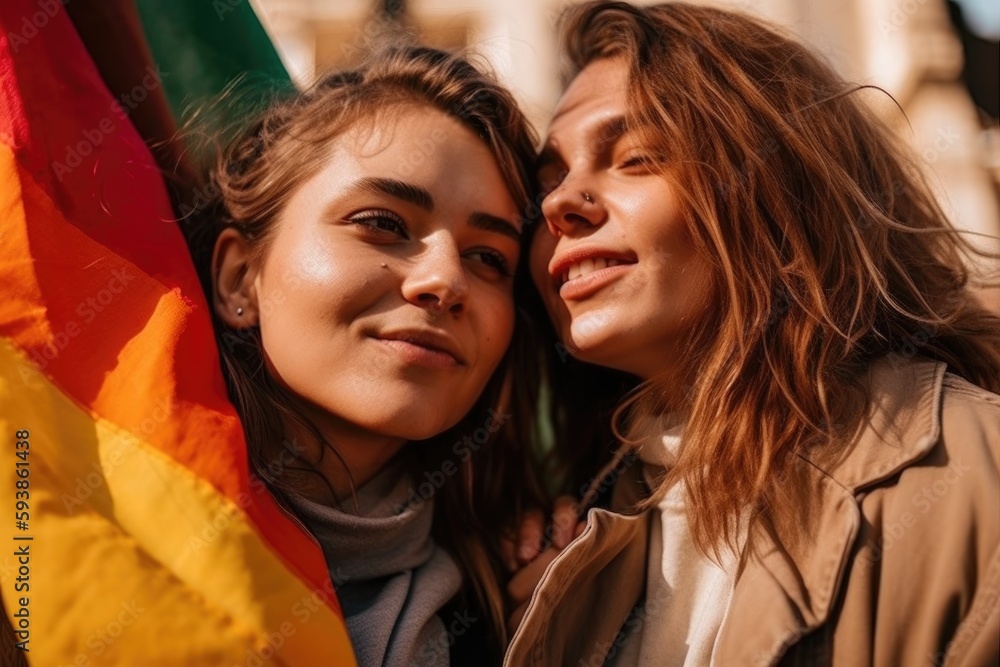 Gay women lesbian couple with LGBT rainbow flag. LGBT Pride Month ...