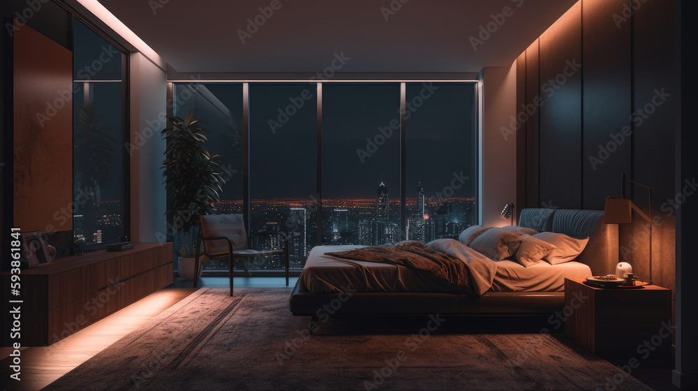 Living room interior with panoramic window at night time, dark ...