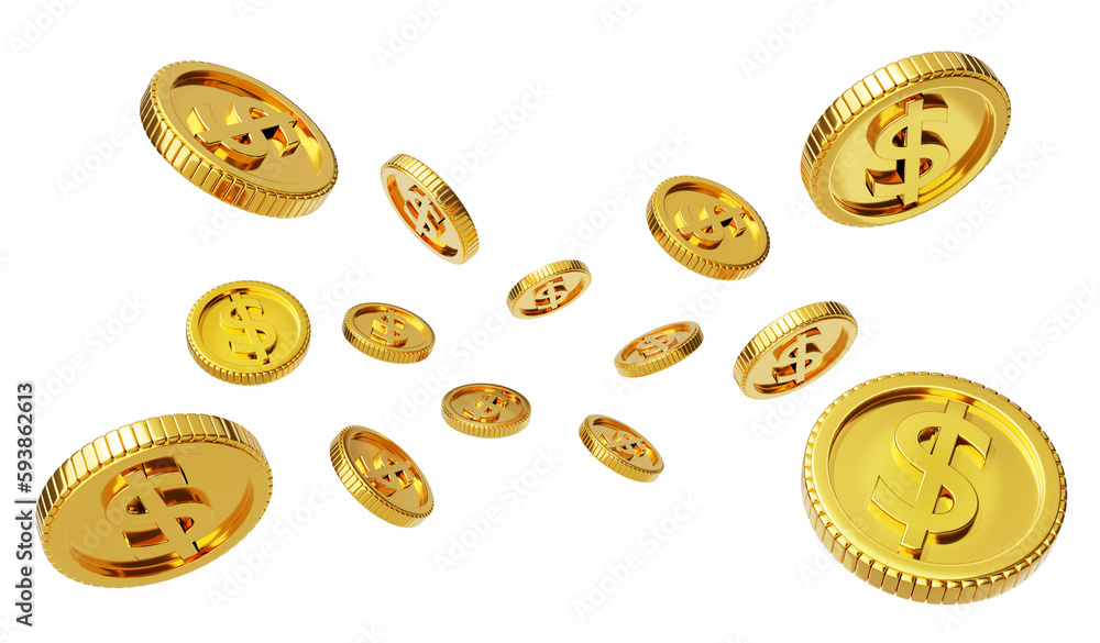 Falling or flying coins, Golden dollar coins rain Clear background, 3D ...