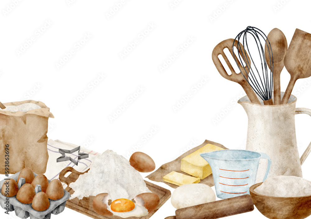 Watercolor baking ingredients background. Border frame with cooking ...