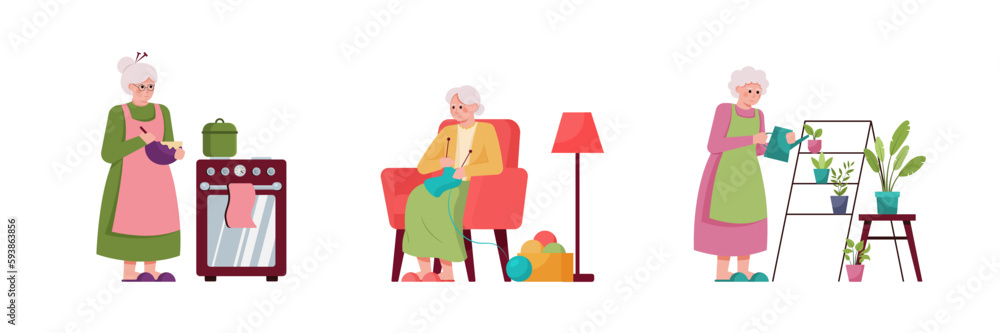 Set of cartoon characters of grandmothers doing their household duties ...