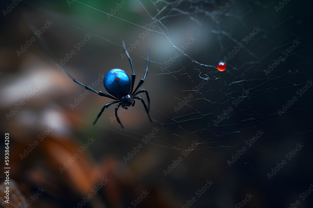 a cute black widow spider with a blue hour glass symbol on back in a ...
