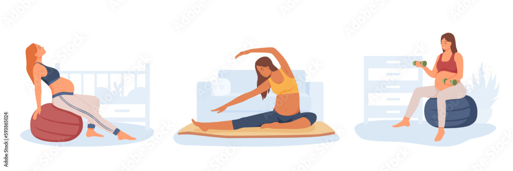 Poster Set of cartoon characters of pregnant women doing exercises ...