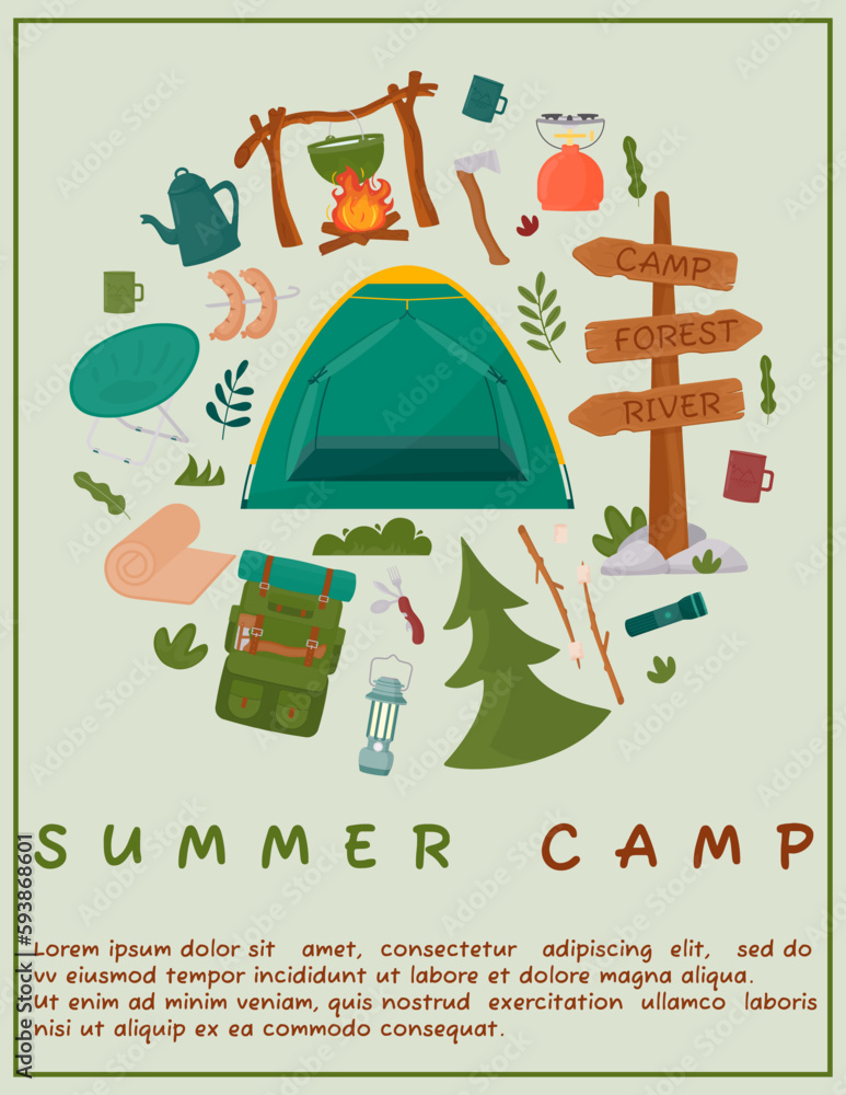A4 poster for summer camping, travel, trip, hiking, tourist, nature ...