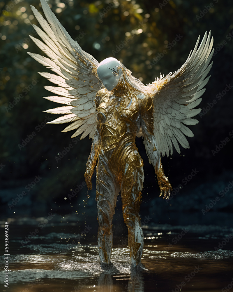 an extremely stunning and divine full body white winged angel erupting ...