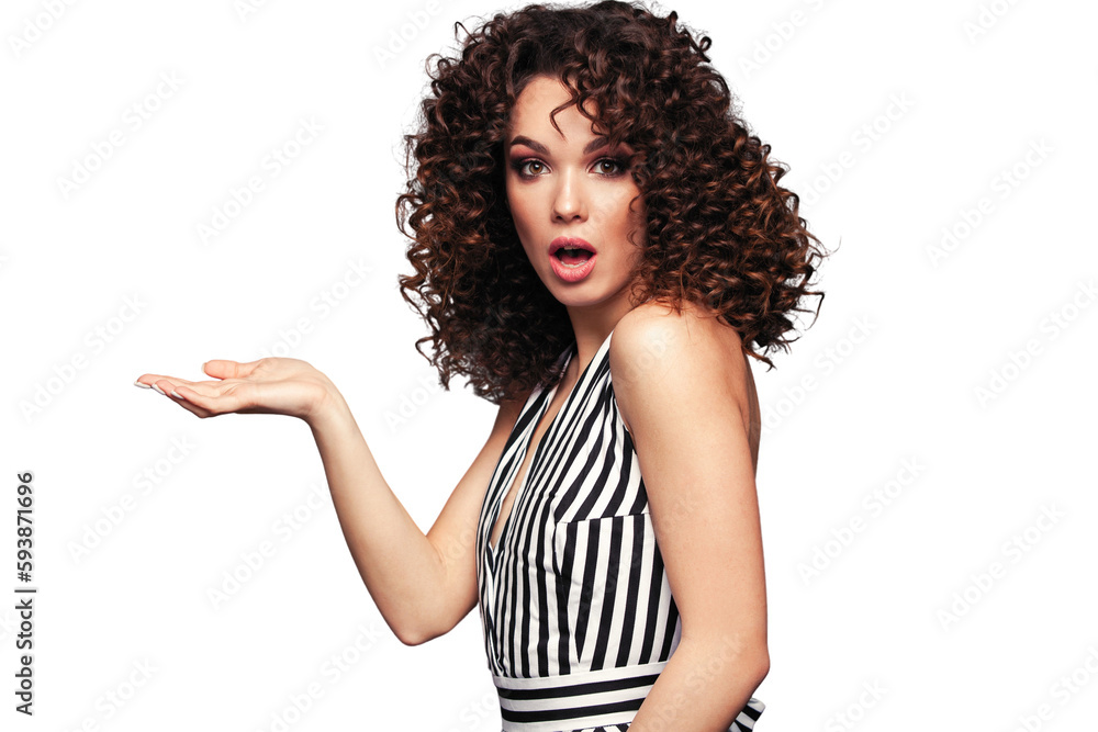 Image of happy young lady with afro curls hairstyle standing isolated over transparent ...
