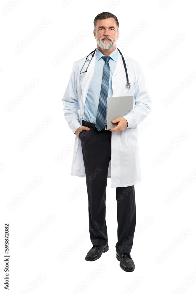 full body picture of a mature doctor holding a notepad, on transparent ...