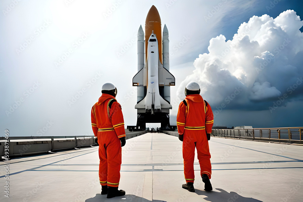 Generative AI image of two guys watch the preparation of the launching ...