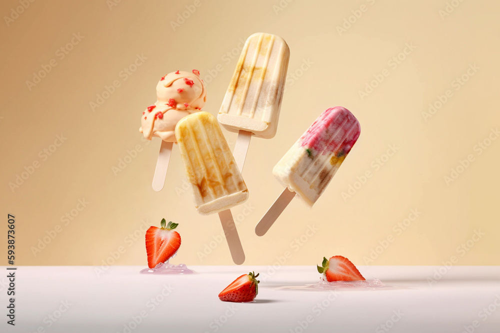 Levitating ice cream popsicles with strawberries on pastel background ...