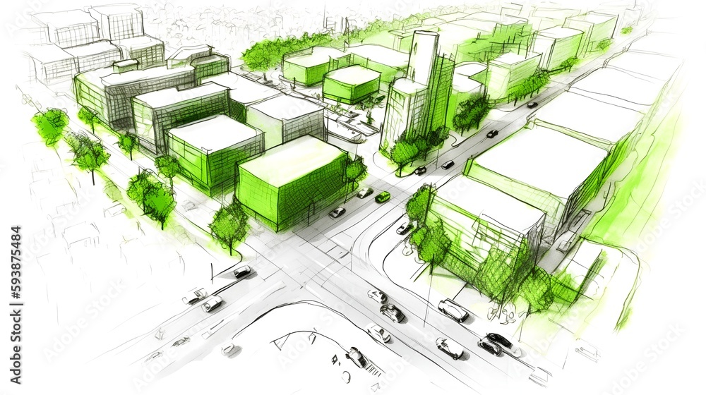 Urban planning sketch highlighting sustainable elements like green ...